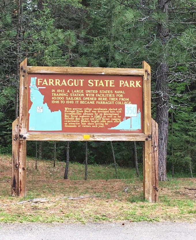 History lesson with a view&mdash;this sign reveals Farragut's surprising naval past, when sailors trained far from any ocean.
