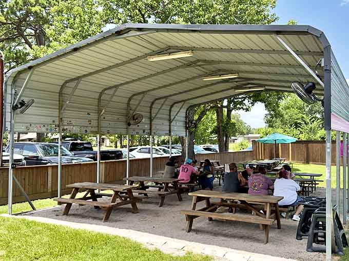 Outdoor seating where BBQ memories are made. Simple picnic tables say, "Focus on the food, not the furniture."