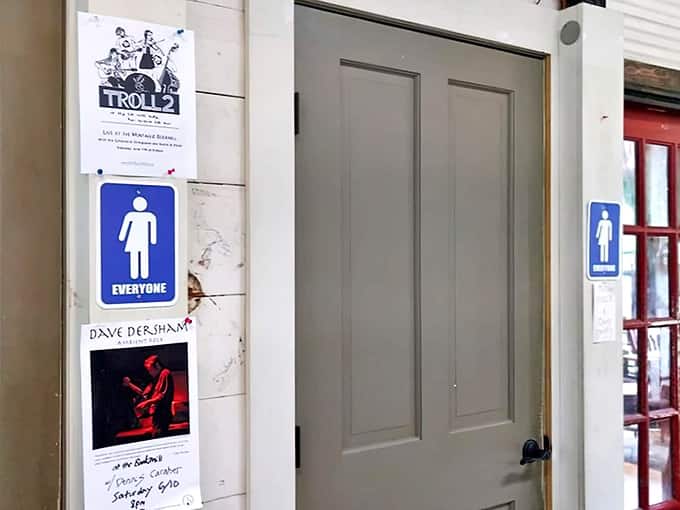 Even the restroom signs at the Bookmill reflect its quirky, inclusive personality&mdash;literature and lavatories, both essential human needs.