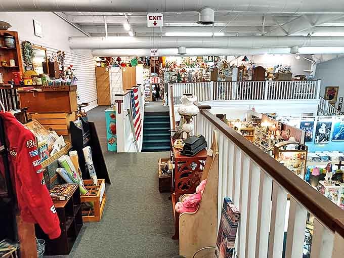 A bird's eye view of the treasure hunting grounds below. The second floor railing offers the perfect vantage point for plotting your antiquing strategy.
