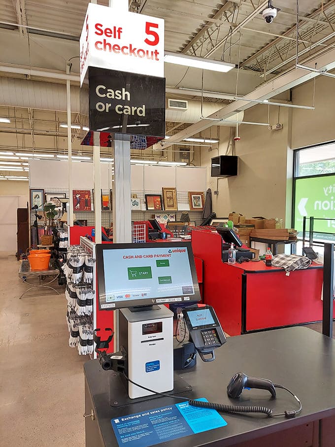 Self-checkout station #5 stands ready for your thrifting triumph. The final step in transforming someone else's discards into your newfound treasures.