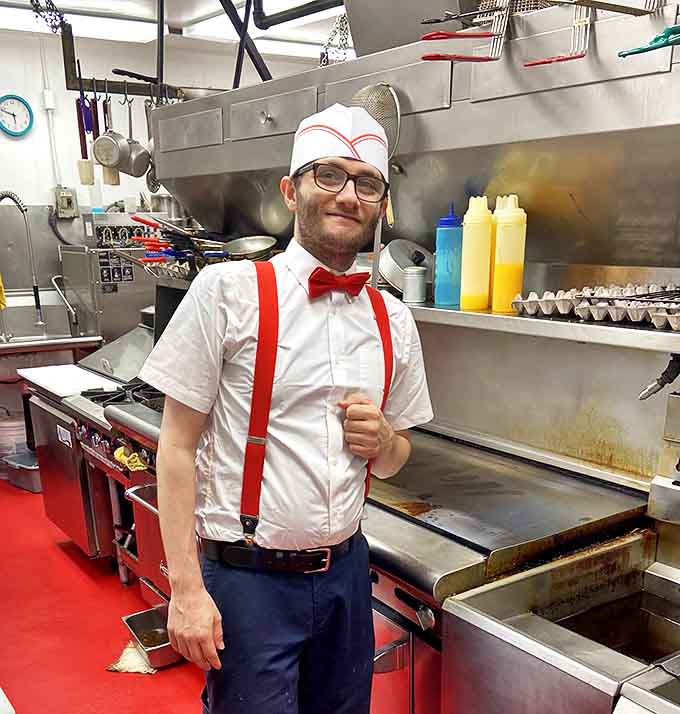 Behind every perfect breakfast is a cook who understands that suspenders and bow ties are the secret ingredients to diner magic.