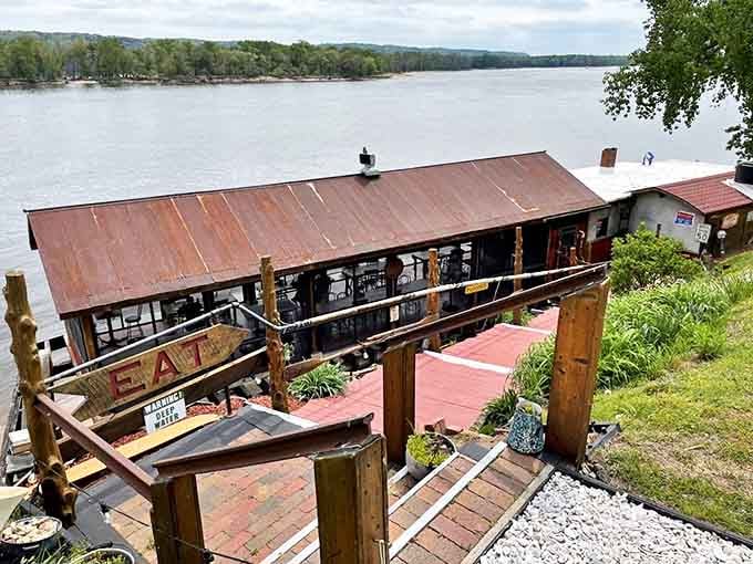 The journey down to the Fish Shack is half the adventure&mdash;these stairs have carried hungry visitors toward river-fresh meals for generations.