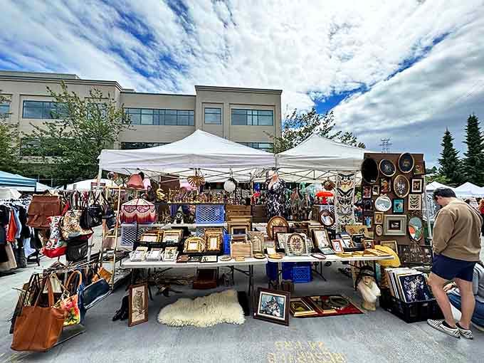 A treasure hunter's dream landscape where vintage frames, bags, and curiosities await their second chance at usefulness.