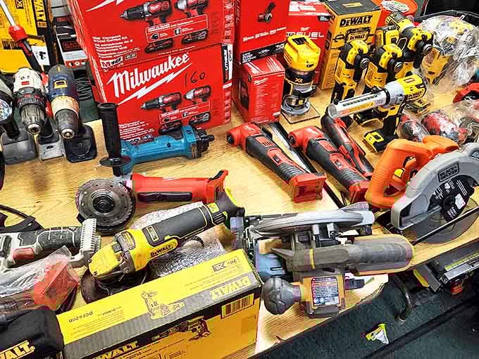 Tool paradise for the DIY enthusiast. Milwaukee meets DeWalt in this handyman's dream where projects begin and wallets end.