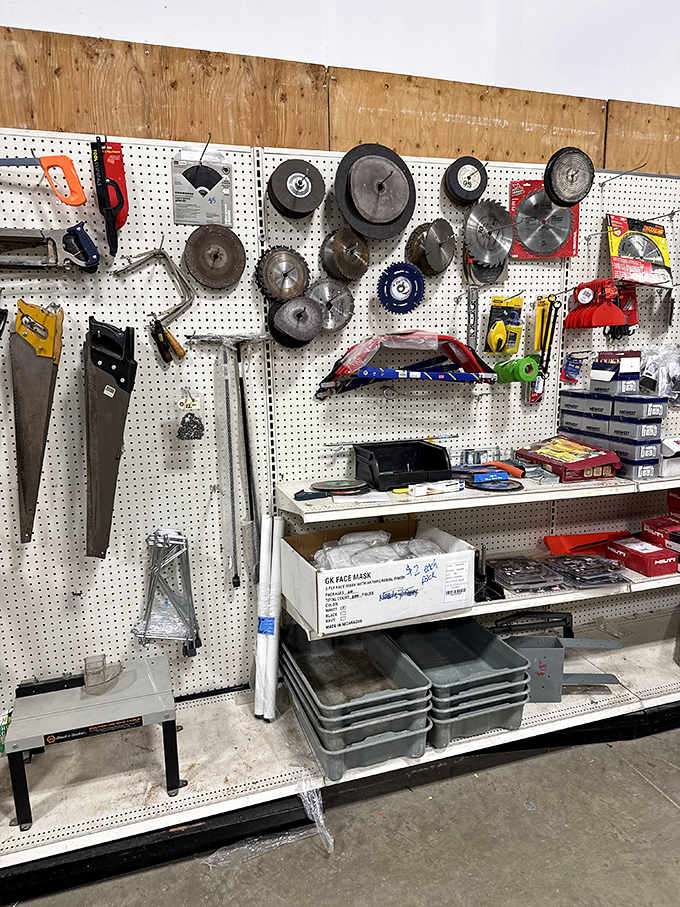 Tool time! A pegboard paradise of second-hand saws, hammers and gadgets. Bob Vila would shed a tear of joy at these prices.