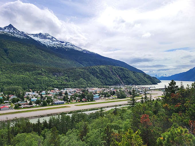 Skagway from above reveals its perfect positioning &ndash; nestled between mountains and sea like a frontier jewel in nature's most spectacular setting.