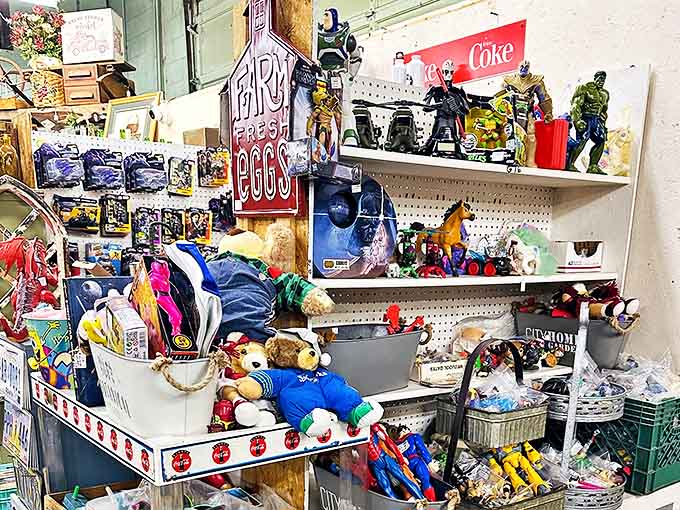 A colorful corner of childhood nostalgia where action figures, stuffed animals, and vintage toys create a time machine to Saturday mornings past.