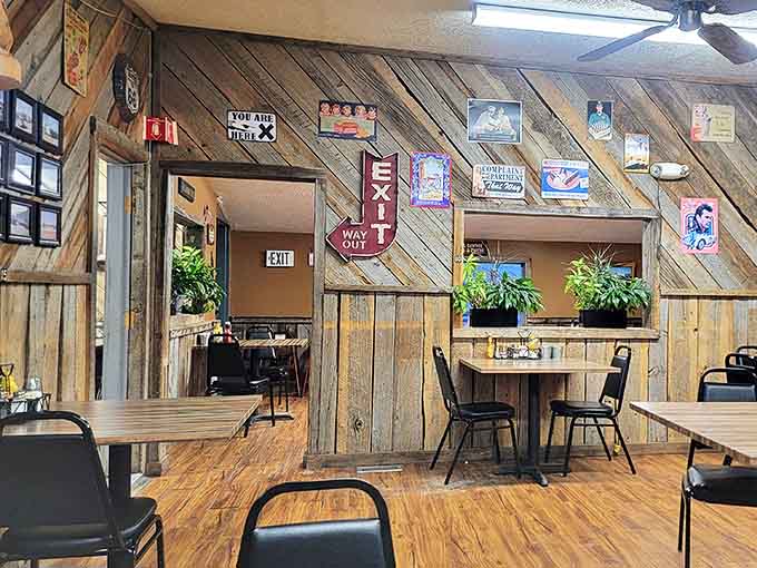 The exit sign points the way out, but those wooden walls and vintage decorations make leaving harder than you'd expect.