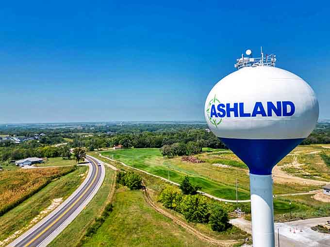 From above, Ashland's water tower stands sentinel over rolling Nebraska landscapes that remind you why they call this America's heartland.