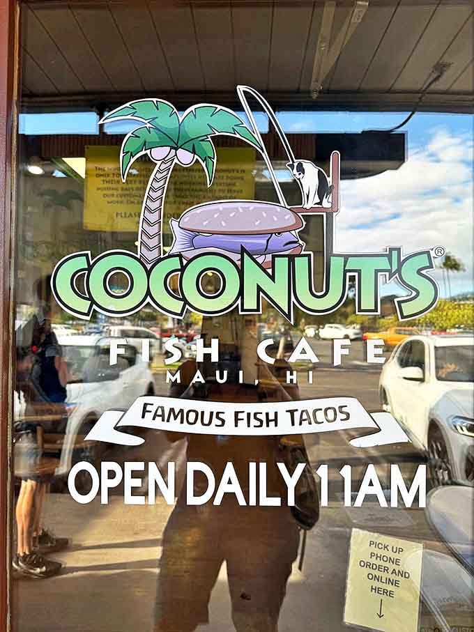 The logo says it all: a palm tree, a fish, and the promise of "Famous Fish Tacos." Like a treasure map where X marks the spot for your taste buds.