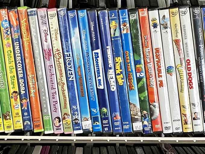 The DVD section stands as a physical time capsule of entertainment history, where forgotten films await rediscovery for pocket change.