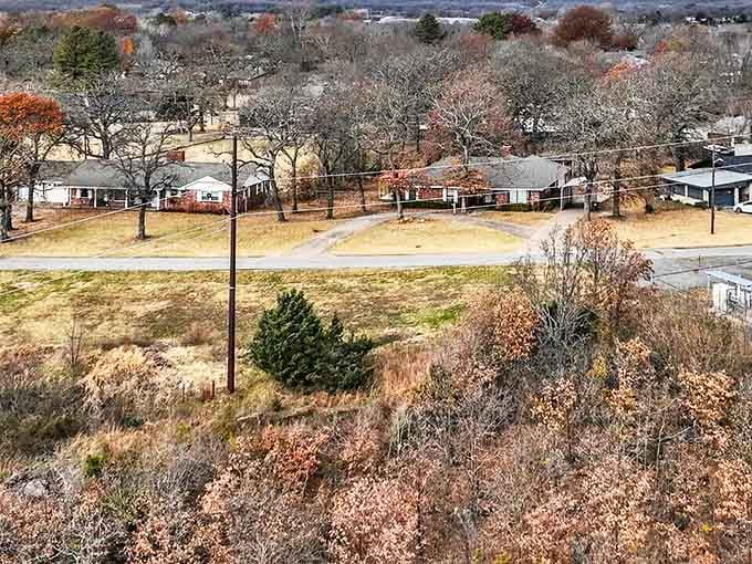 The patchwork of neighborhoods nestled among autumn trees shows why people choose places where nature remains a next-door neighbor.