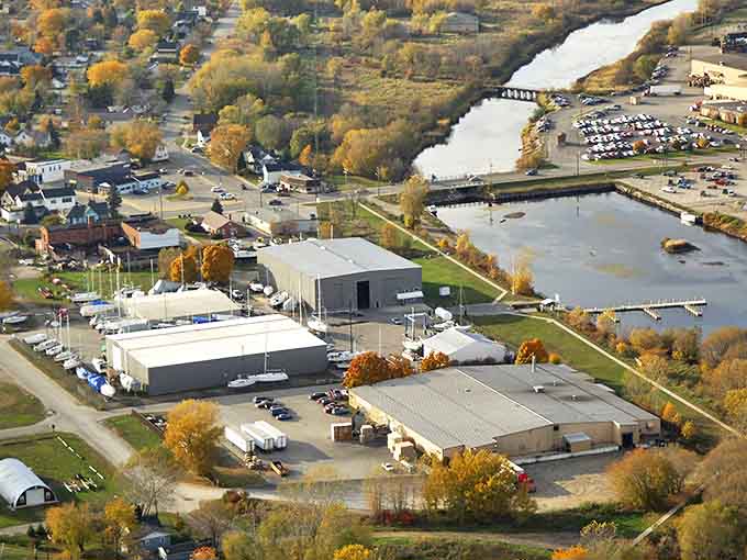 From above, Marinette's relationship with water becomes clear—a working waterfront where industry and recreation have coexisted for generations.
