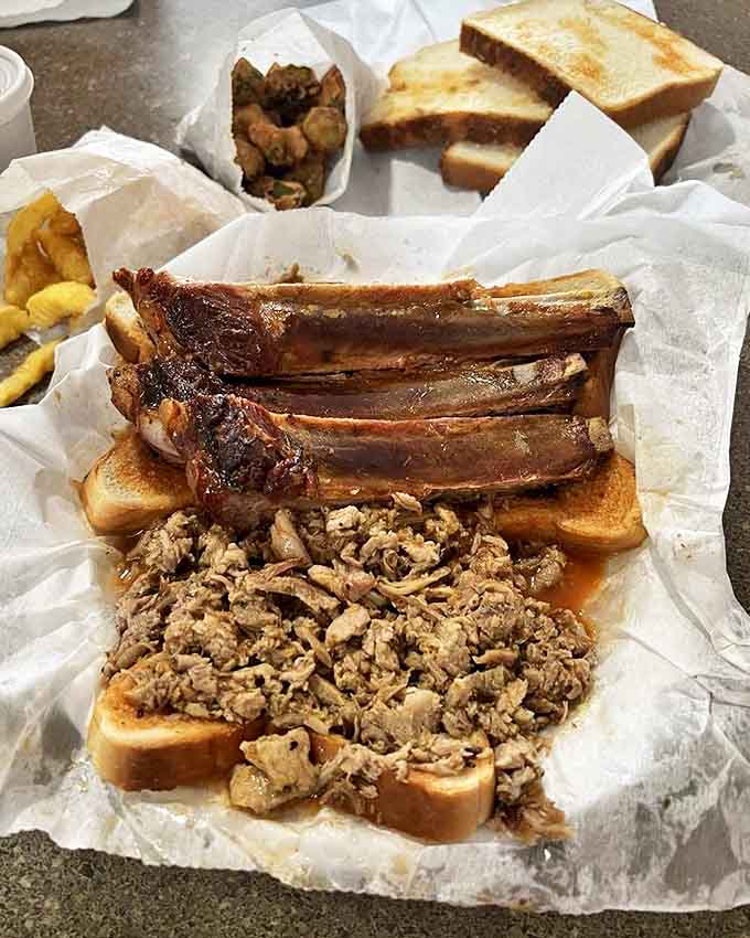 The barbecue equivalent of a greatest hits album. Ribs and pulled pork sharing the spotlight on a stage of white bread&mdash;pure edible harmony.
