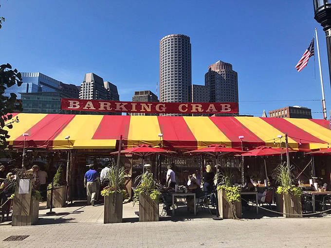The red and yellow striped tent announces "fun happens here" to passersby. Boston's skyline provides the perfect backdrop for seafood shenanigans.