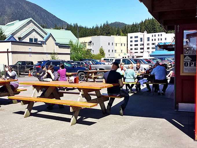 When the Alaskan sun decides to cooperate, these outdoor picnic tables become the hottest real estate in Ketchikan. Mountain views and seafood&mdash;nature's perfect pairing.