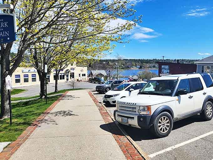 Belfast's charming downtown unfolds beyond the parking area, promising post-breakfast strolls to work off those extra pancakes you couldn't resist.
