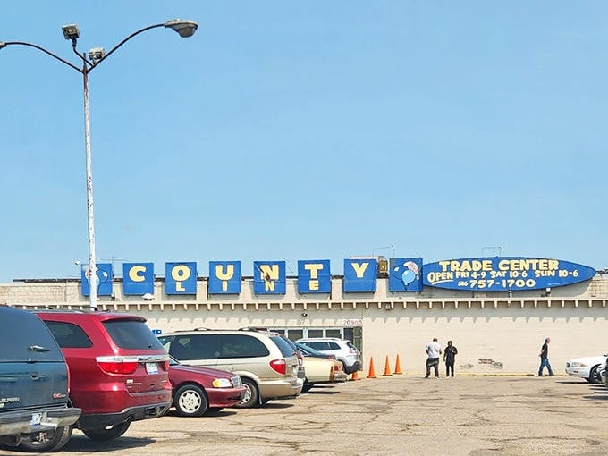 The unassuming exterior that houses a universe of possibilities. County Line's sign stands as a beacon to bargain hunters across Metro Detroit.