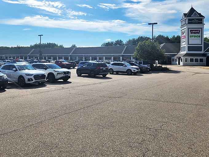 The parking lot tells its own story: luxury vehicles next to practical sedans, united by the universal language of "I love a good deal."