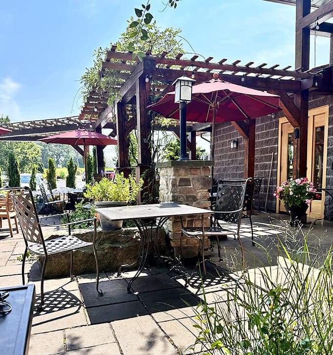 The outdoor patio&mdash;where summer breezes, umbrella shade, and Pennsylvania views elevate every bite to vacation status.