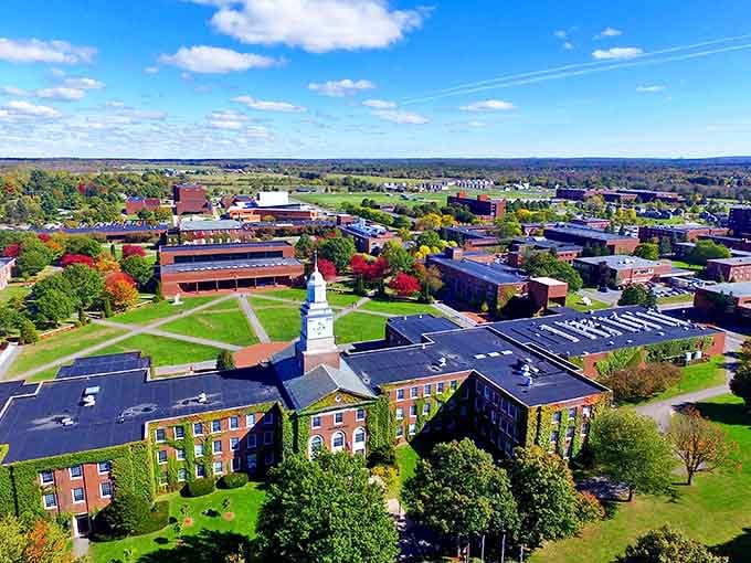 This aerial view of SUNY Potsdam shows why college towns make ideal retirement spots. Cultural opportunities surrounded by nature's embrace.