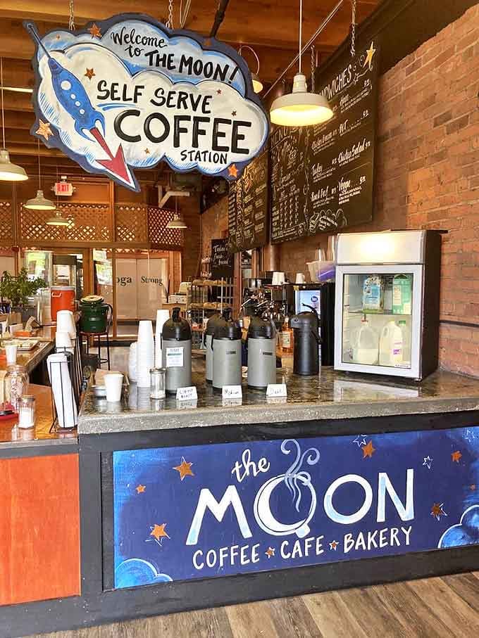 The self-serve coffee station&mdash;mission control for your morning launch. Those thermal carafes hold liquid rocket fuel for your White Mountain adventures.