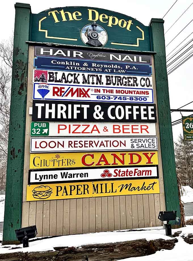 The community directory sign reveals Mountain Thrift's place in Lincoln's ecosystem &ndash; nestled between burgers, candy, and all of life's other essentials.