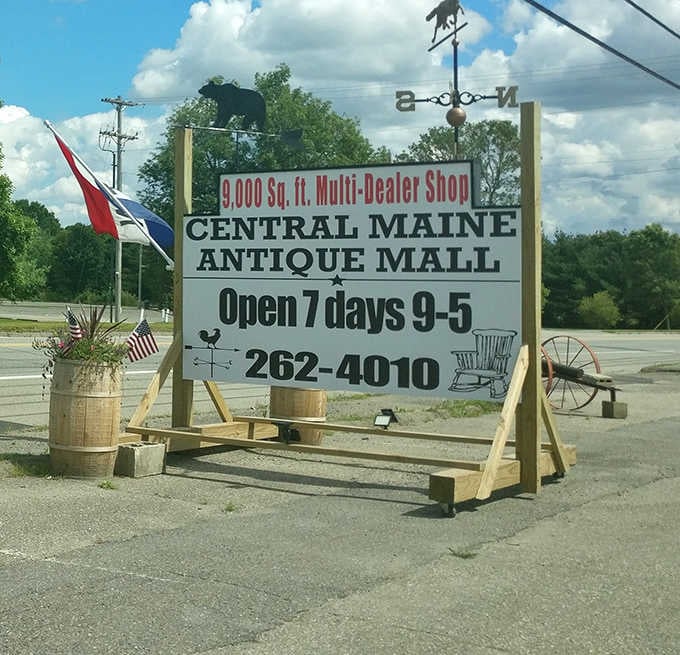 The sign says 9,000 square feet, but the possibilities feel endless. That weathervane bear silently guides treasure hunters to their next great discovery.