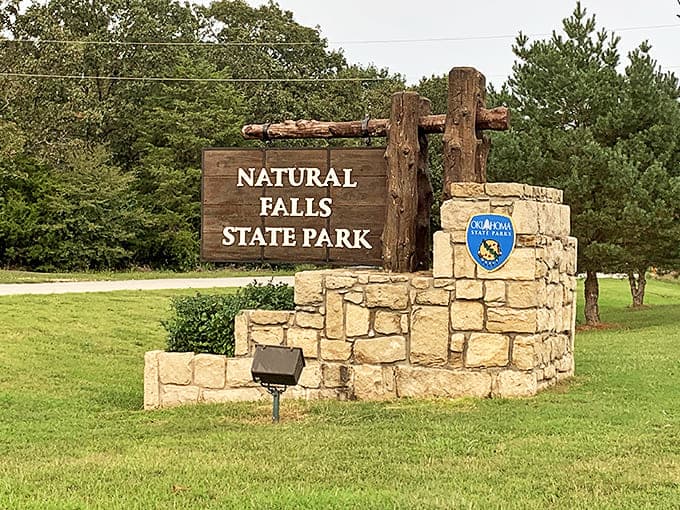 The entrance sign that promises more than it can possibly deliver&mdash;until you actually see the falls and realize it wasn't exaggerating after all.
