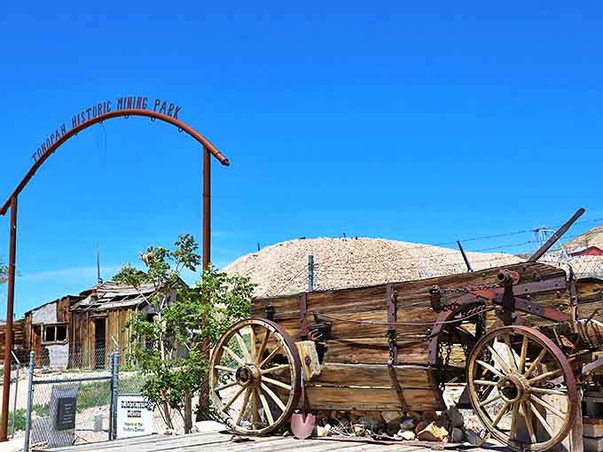 The entrance to Tonopah Historic Mining Park welcomes you to walk in the footsteps of silver seekers. That wagon has stories to tell.