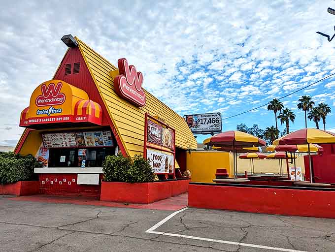 This A-frame Wienerschnitzel is architectural proof that sometimes the most memorable dining experiences come in packages shaped like nothing else.