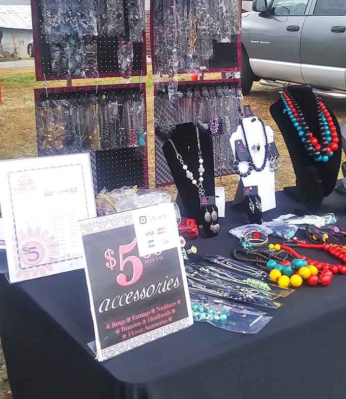 Handcrafted jewelry displayed with care&mdash;$5 accessories that add sparkle without emptying wallets, the ultimate flea market victory.