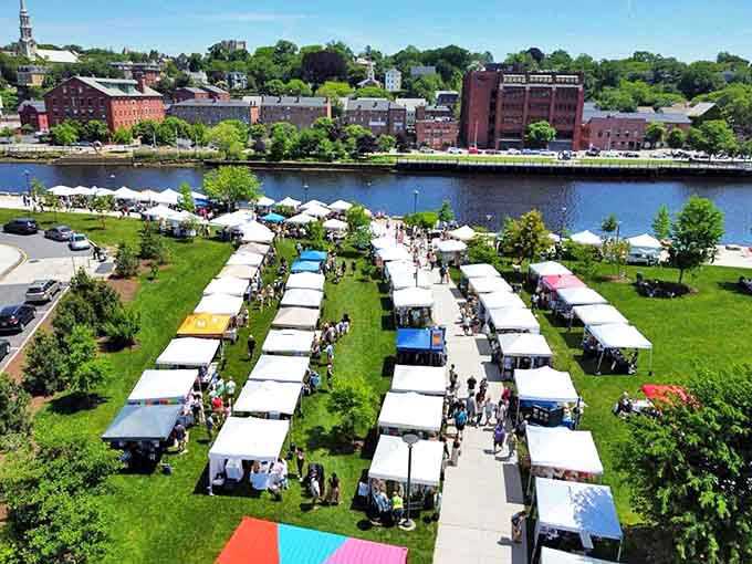 From above, the market's perfect geometry reveals itself. Each white tent houses possibilities&mdash;vintage finds, handmade treasures, or your next favorite thing.