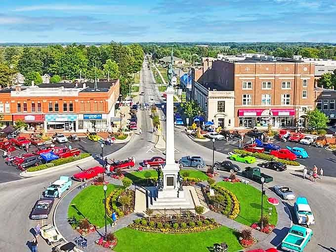 During car shows, Angola's town circle transforms into a colorful carousel of automotive history, drawing enthusiasts from across the Midwest.