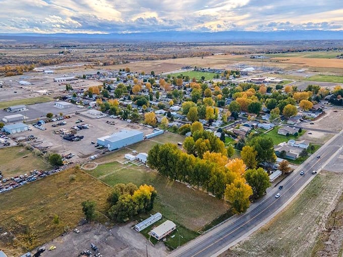 Aerial view reveals Riverton's perfect balance of development and open space &ndash; where autumn paints the cottonwoods gold against the sage-green landscape.