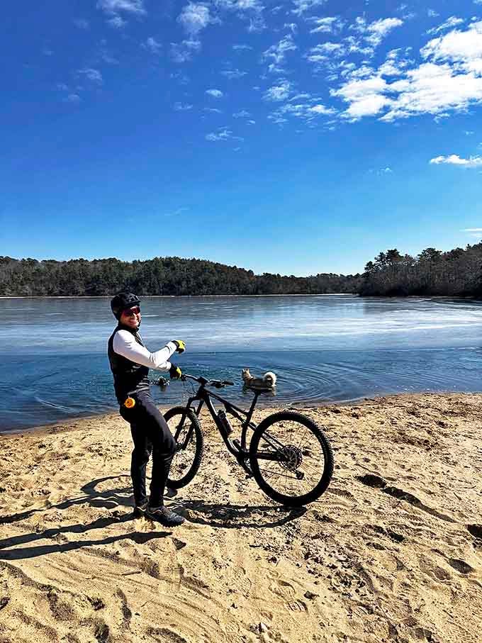 Biking meets beach at Nickerson's pond shores. The perfect pit stop on the Cape Cod Rail Trail, where pedaling and paddling can happen in the same hour.