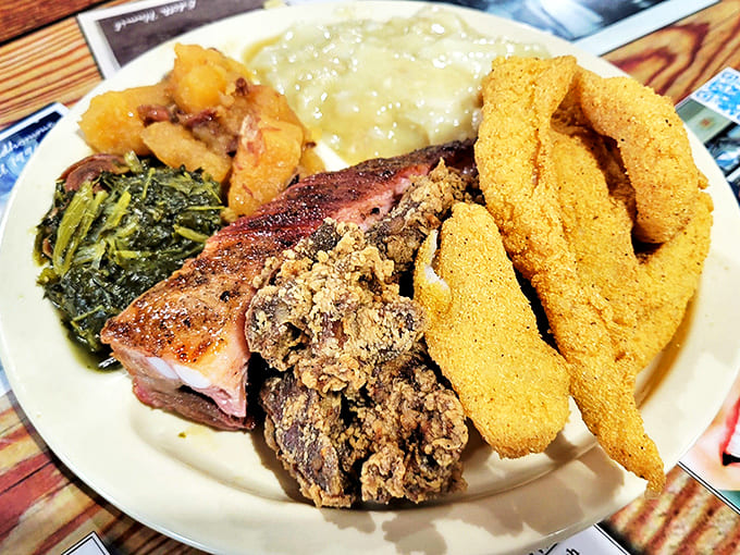 The "I want it all" plate that tells the story of Southern cuisine in one glorious arrangement. Diet plans come here to die happy deaths.