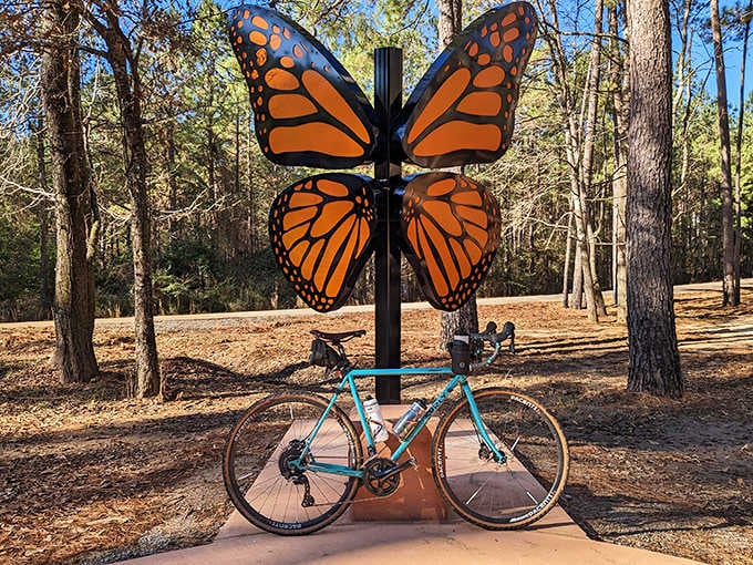 This giant butterfly sculpture stands as both trail marker and Instagram opportunity, proving that even nature appreciates a good photo op.