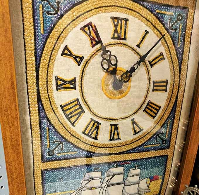 This embroidered clock face surrounded by nautical imagery doesn't just tell time—it tells stories of craftsmanship from another era.