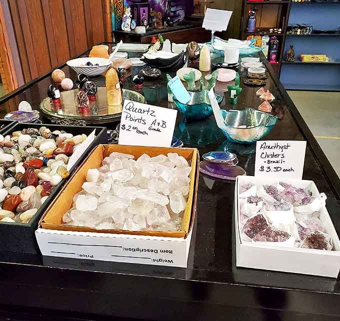 Earth's glittering secrets displayed like candy. These crystals and gemstones offer both natural beauty and metaphysical possibilities for the curious collector.