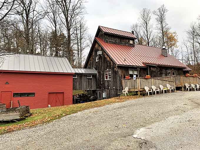 Autumn transforms the sugar house into a postcard-perfect scene. Those Adirondack chairs on the deck practically beg you to sit awhile with coffee and maple treats.