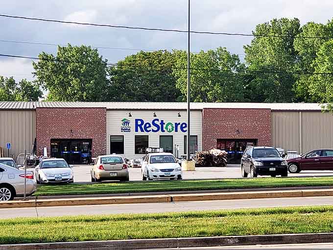 The ReStore welcomes shoppers with its bright blue signage—a beacon of hope for both your home renovation dreams and your checking account.