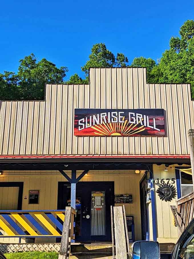 Morning sunshine illuminates the Sunrise Grill sign like nature's spotlight, as if to say, "This is where breakfast happens, folks."