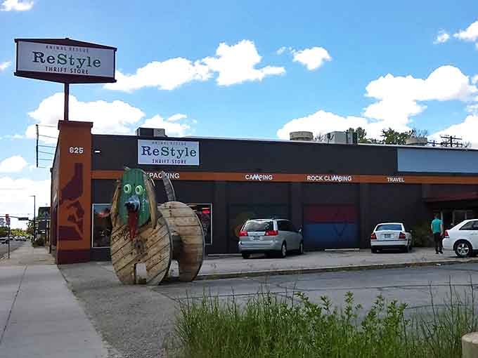 The storefront proudly announces its mission with clear signage and whimsical outdoor art. This isn't just retail &ndash; it's recycling with style and purpose.