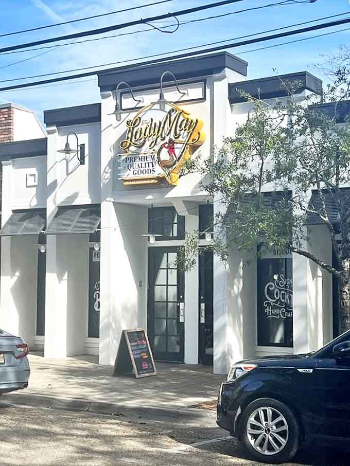 Daylight reveals The Lady May's clean lines and welcoming entrance &ndash; less flashy than its nighttime persona but equally inviting.