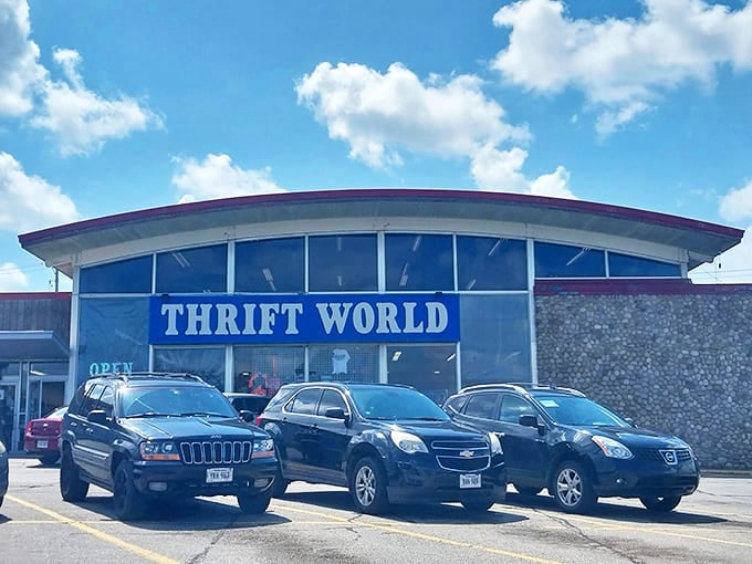 Even the Nebraska sky seems to celebrate Thrift World. The parking lot fills early&mdash;treasure hunters know the early bird gets the vintage worm.