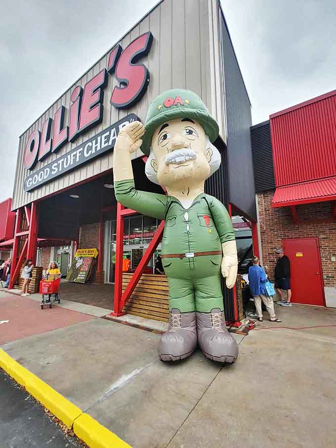 The inflatable Army man stands guard outside, saluting shoppers brave enough to hunt for deals that seem too good to be true.