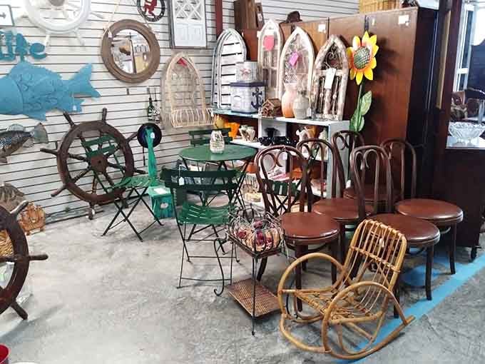 The chair congregation&mdash;where rattan meets bistro meets vintage dining. It's like a furniture support group for pieces with character.