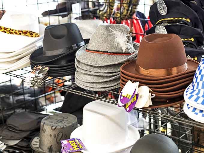 Hat heaven! From fedoras to cowboy styles, headwear awaits its next adventure atop a new owner's noggin.